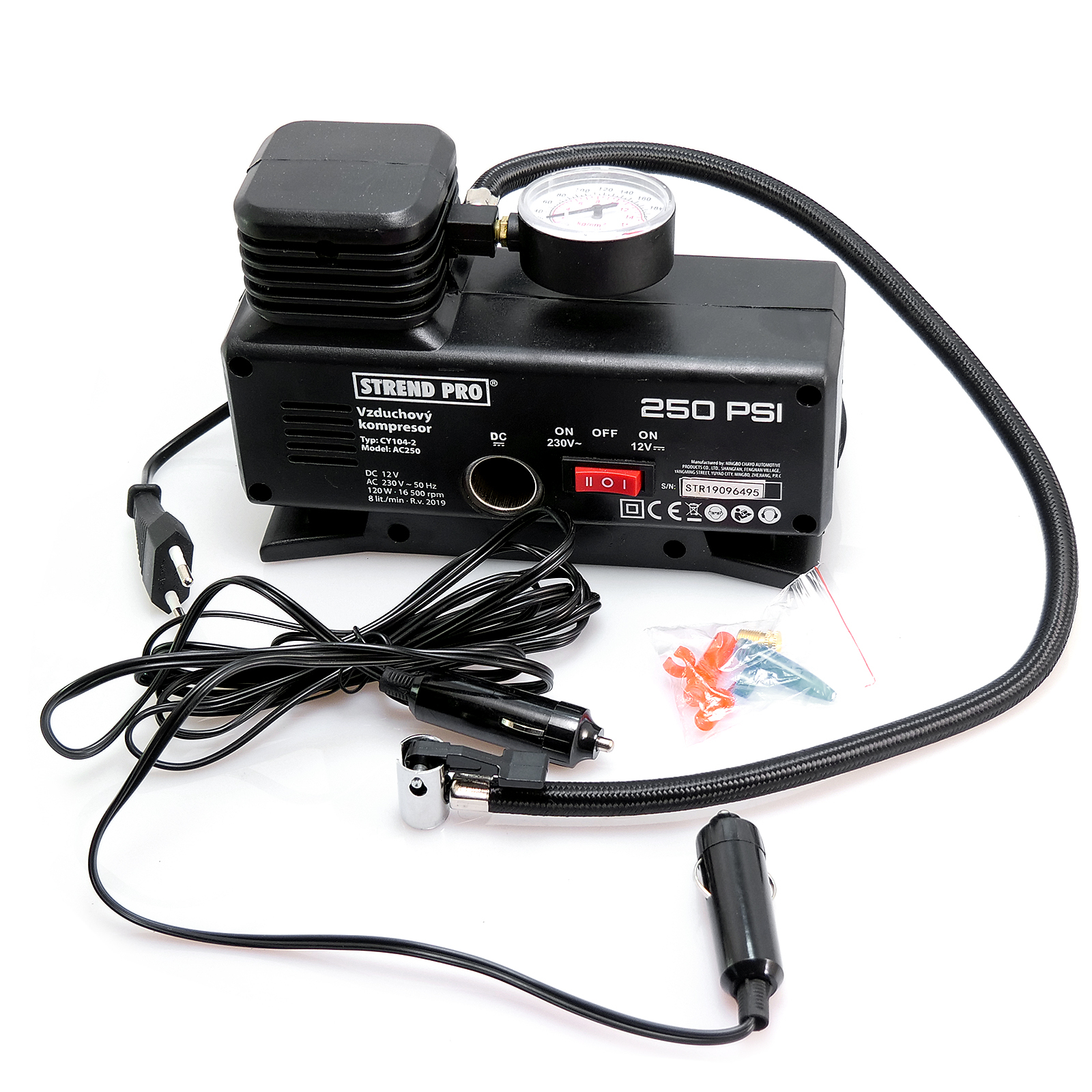 Compresor aer auto 230V / 12V 250PSI cu manometru, Strend Pro - Artool.ro