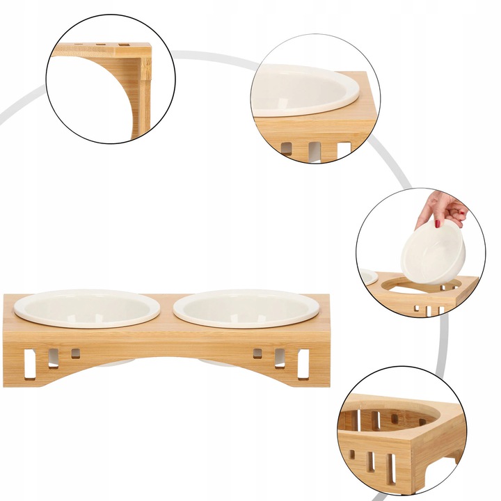 Castron, bol, pentru caine, pisica, dublu, cu suport, bambus, ceramica ...