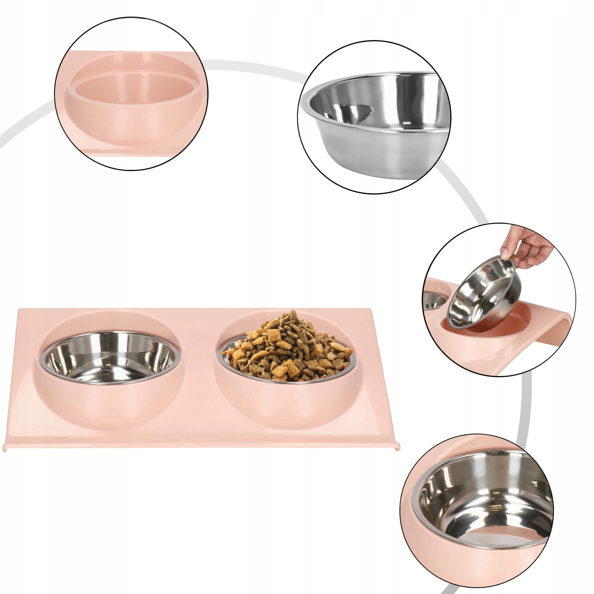 Castron, bol, pentru caine, pisica, dublu, cu suport, inox si plastic ...