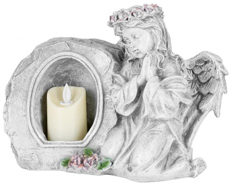 Decoratiune funerara, ceramica, inger cu lumanare, LED, 28x13x21.5 cm ...