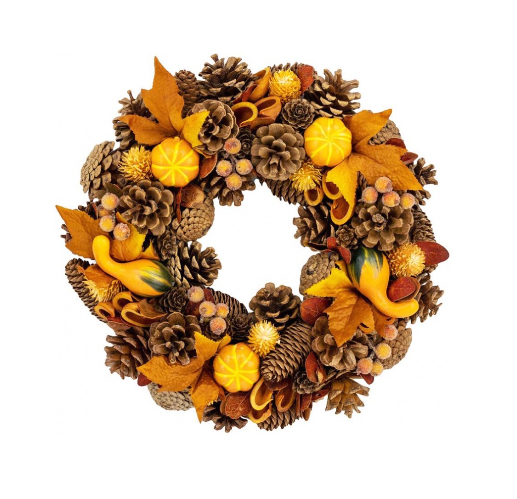 Decoratiune toamna, coroana cu conuri de brad si frunze, portocaliu, 35 ...
