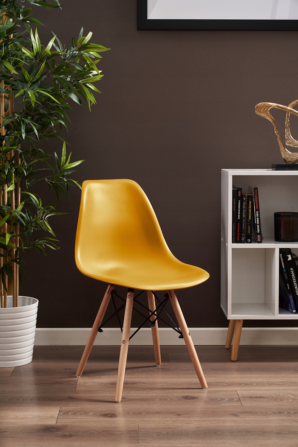 Scaun stil scandinav, plastic, metal, lemn, mustar, 46x52x81 cm, Eva ...