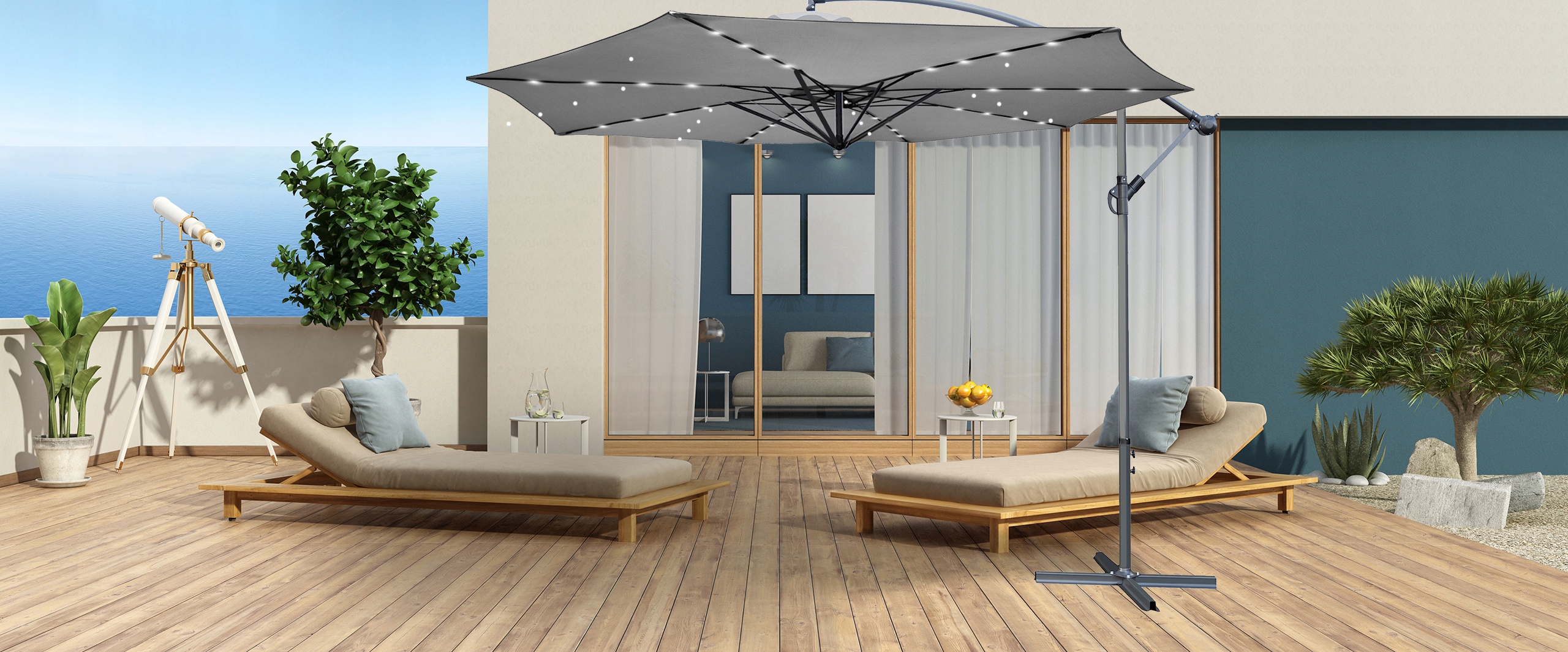 Umbrela gradina/terasa, articulatie, cu LED , culoare gri, 350 cm ...