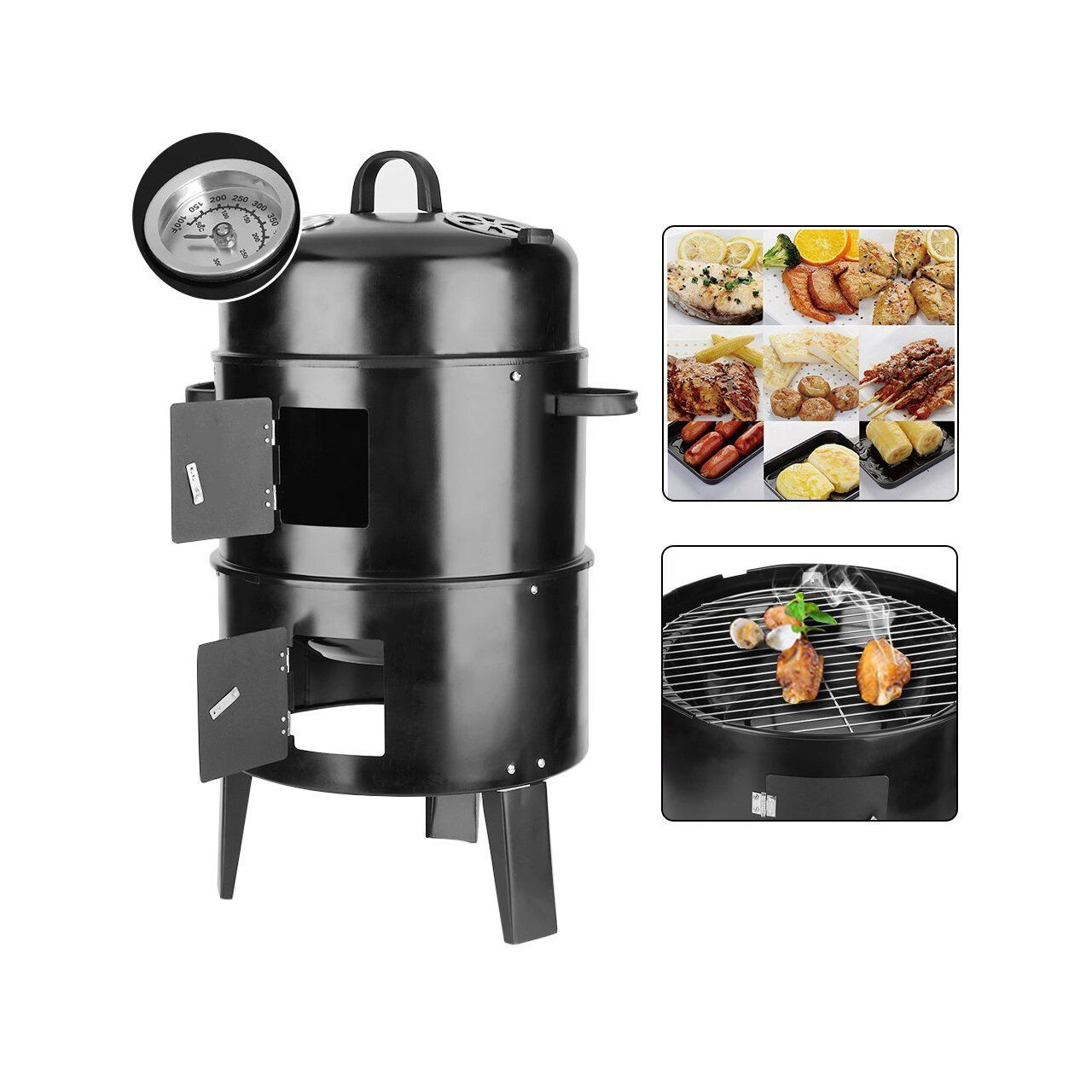Gratar gradina, grill rotund, cu capac, 3 etaje, 44x78 cm, Smoker ...
