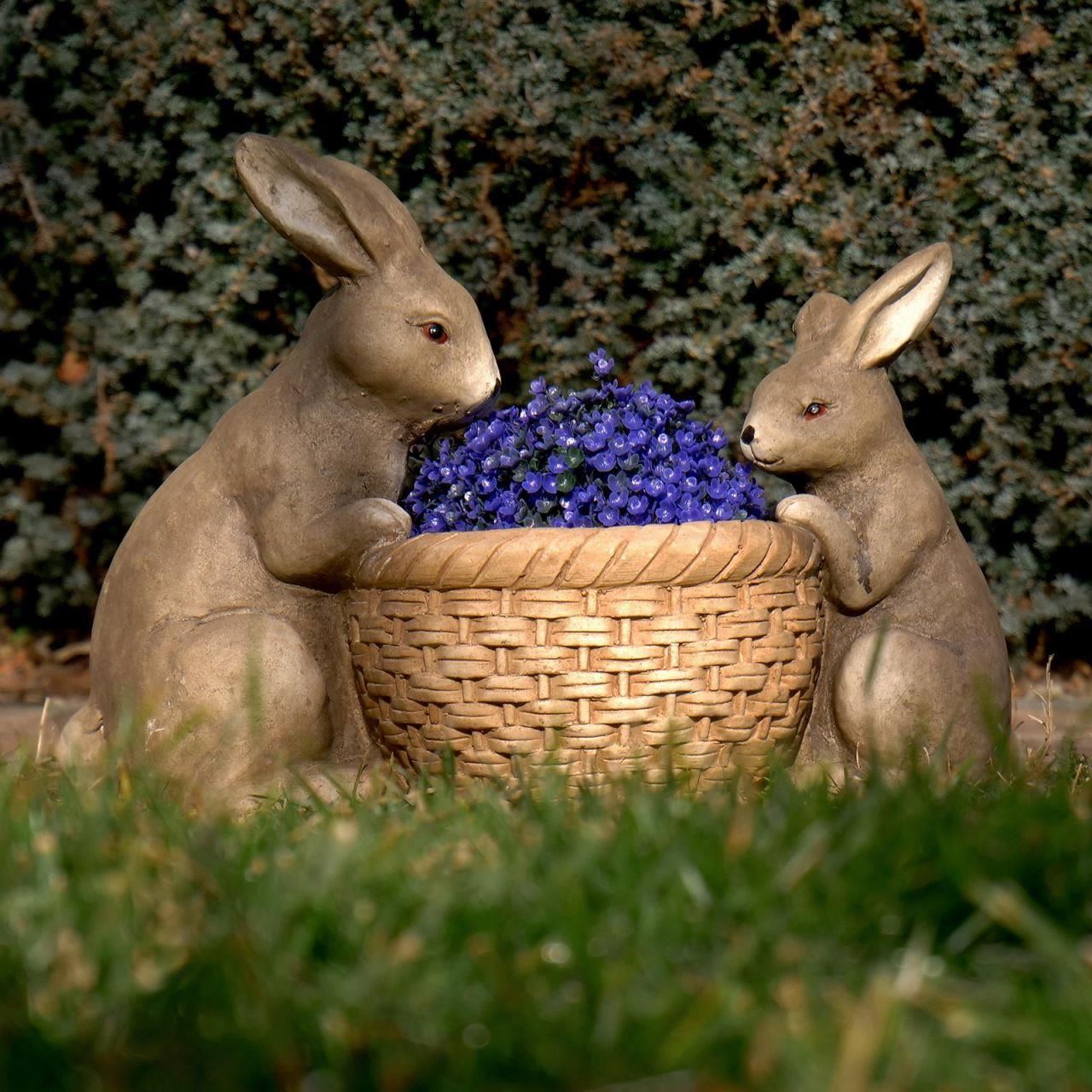 Decoratiune gradina, ceramica, 2 iepuri cu cos, 42x21x30 cm - Artool.ro