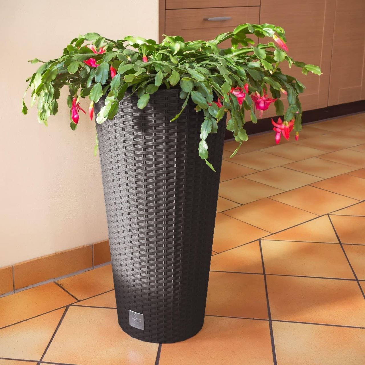 Ghiveci decorativ de flori, rotund inalt, 25x47.6 cm, maro, imitatie ...