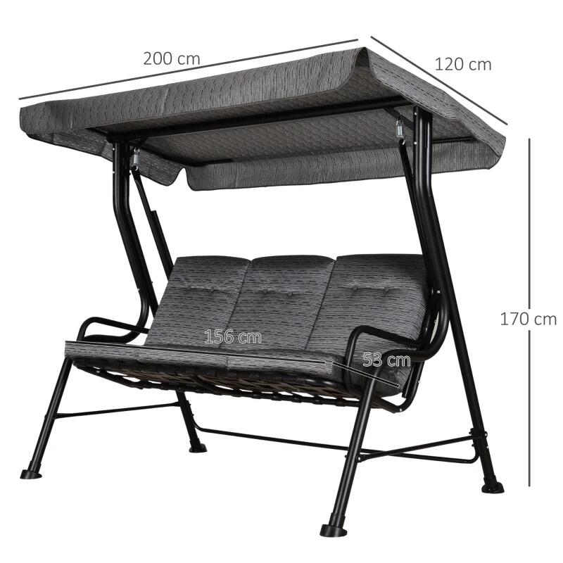 Balansoar gradina, 3 locuri, gri si negru, 200x120x170 cm, perne ...