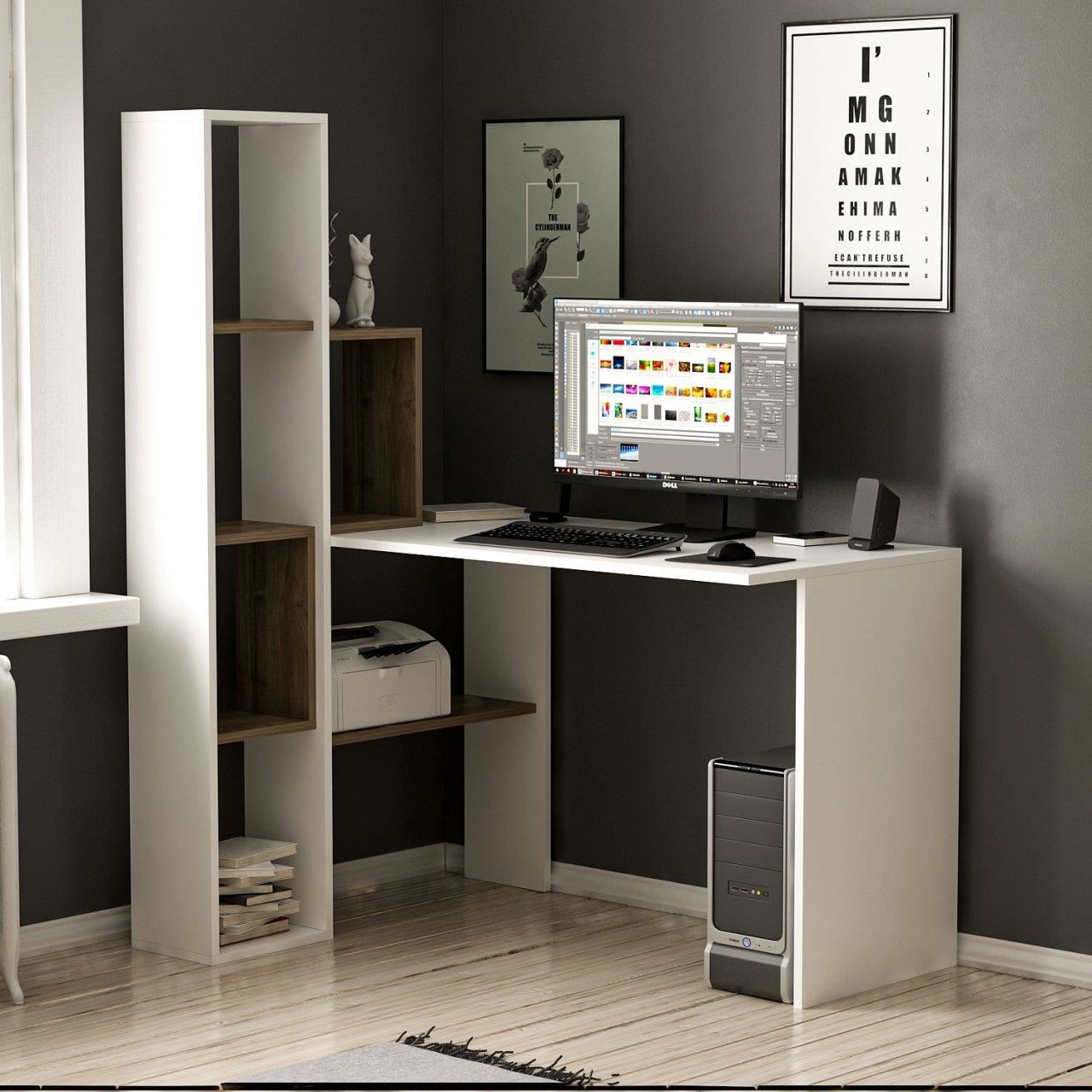 Birou pe colt cu biblioteca, pal melaminat, 6 rafturi, alb si maro ...