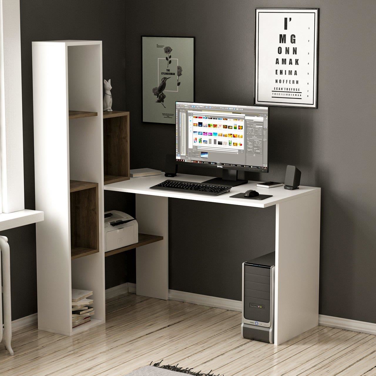 Birou pe colt cu biblioteca, pal melaminat, 6 rafturi, alb si maro ...