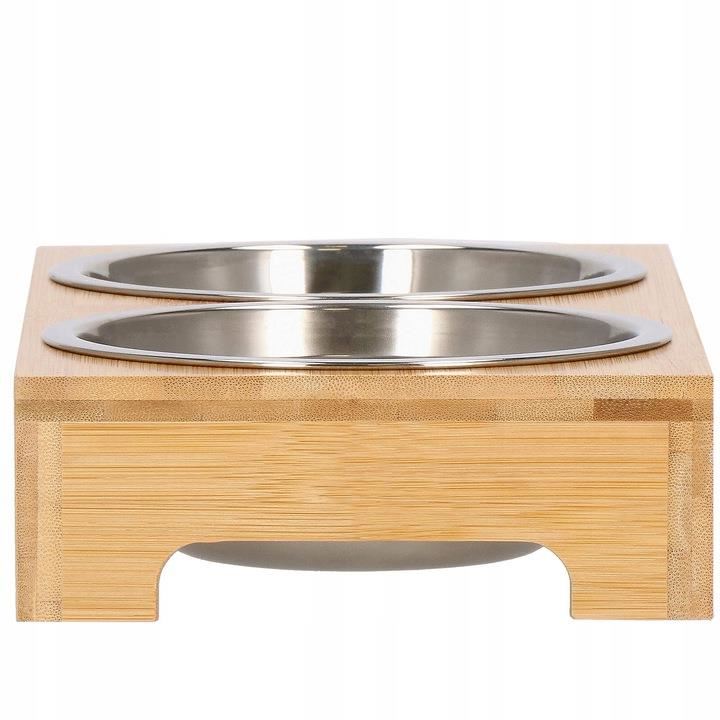 Castron, bol, pentru caine, pisica, dublu, cu suport, bambus, metal ...