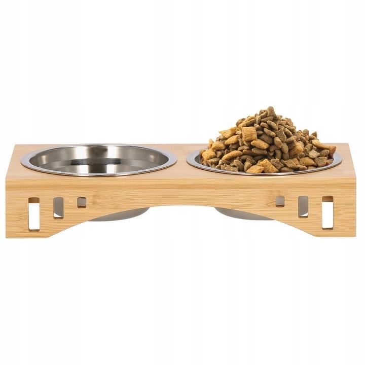 Castron, bol, pentru caine, pisica, dublu, cu suport, bambus, metal ...