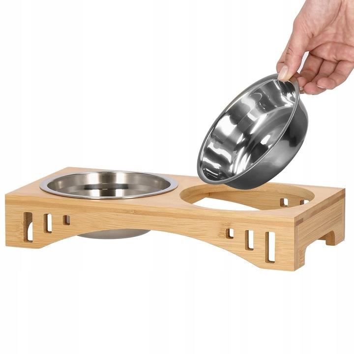 Castron, bol, pentru caine, pisica, dublu, cu suport, bambus, metal ...