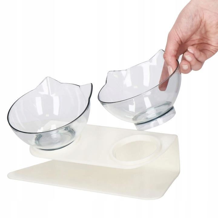 Castron, bol, pentru caine, pisica, dublu, cu suport, plastic, alb ...