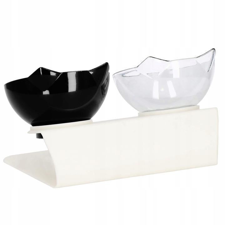 Castron, bol, pentru caine, pisica, dublu, cu suport, plastic, alb si ...