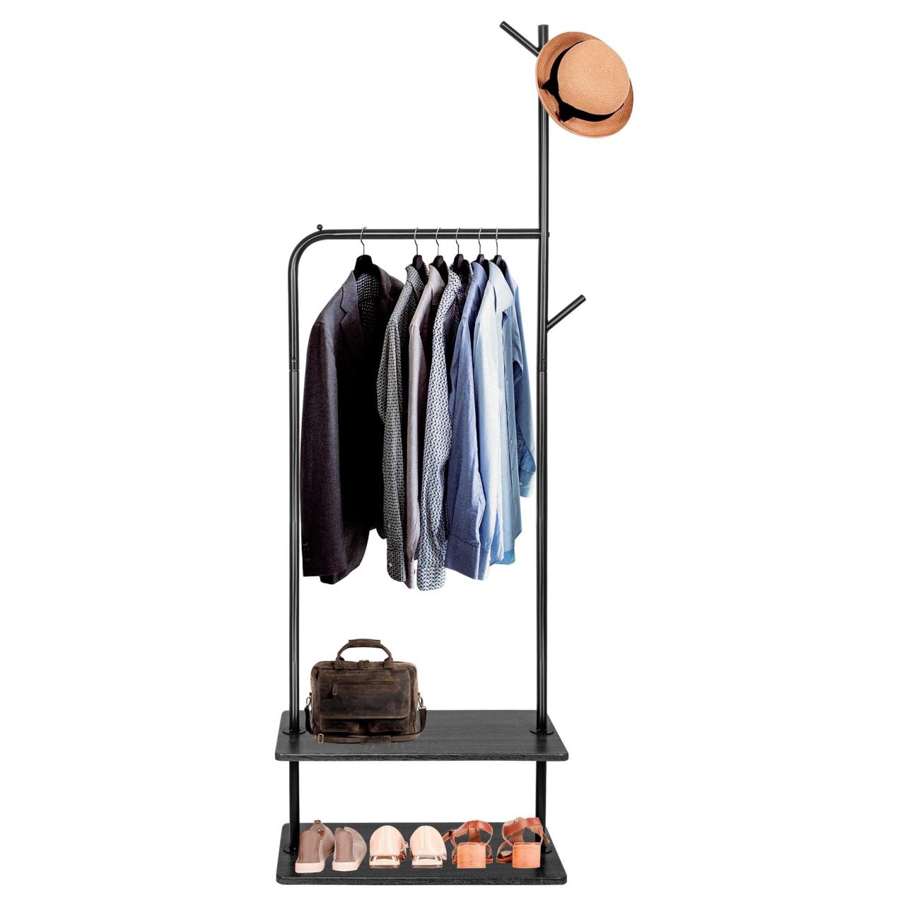 Cuier cu 2 rafturi pentru incaltaminte, 3 carlige, metalic, negru ...