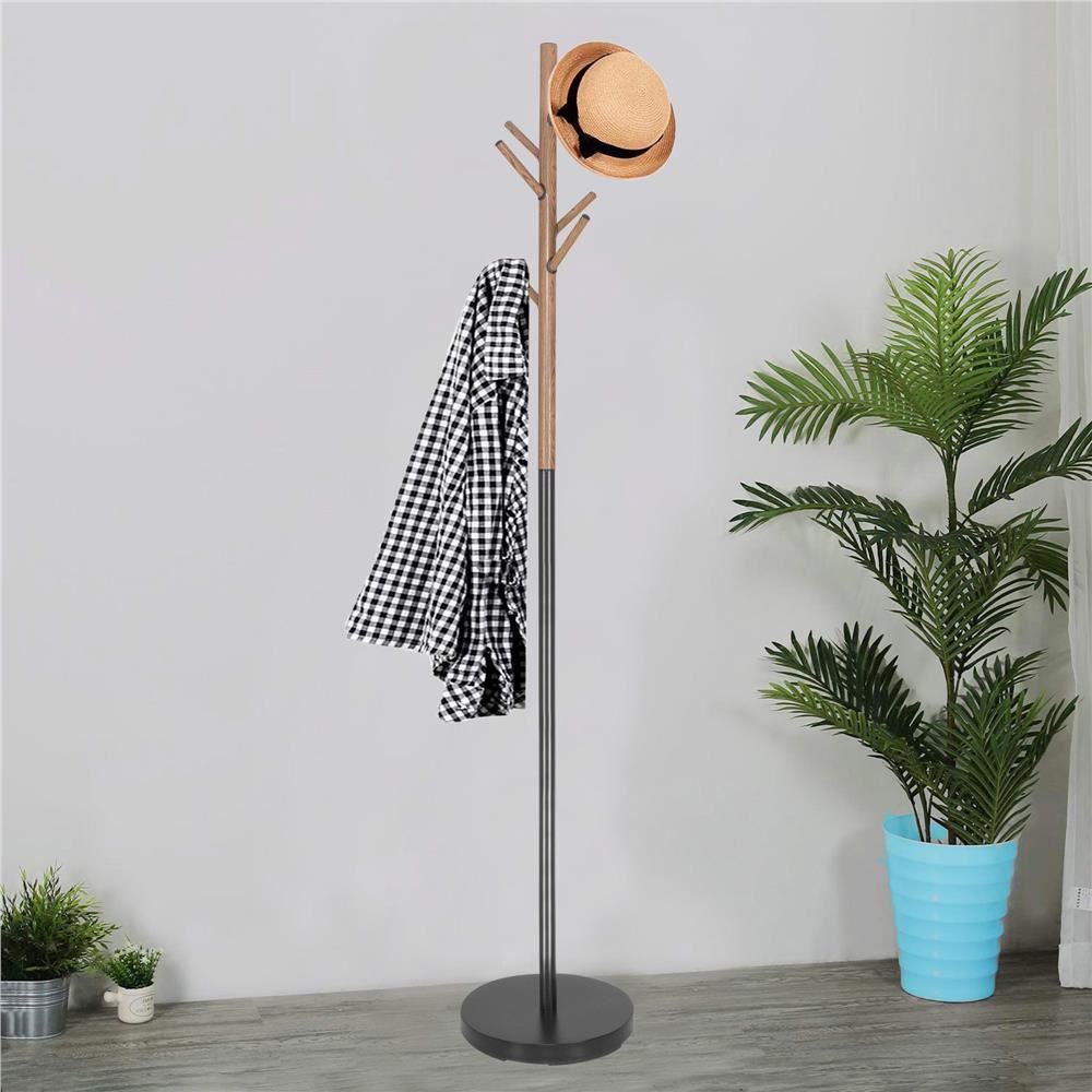 Cuier metalic design scandinav, 6 carlige, negru cu model lemn, baza ...