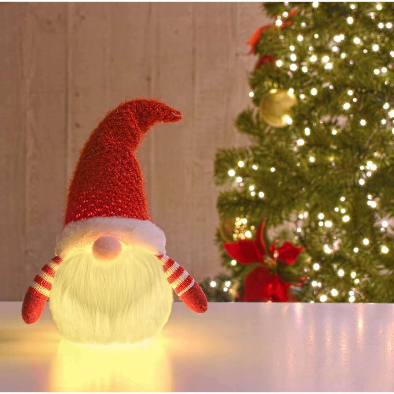 Decoratiune Craciun, pitic, LED, rosu cu dungi, 3xAA, 21x32 cm, Jumi ...