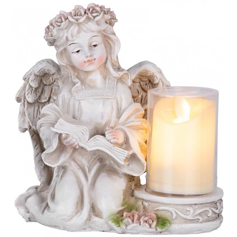 Decoratiune funerara, ceramica, inger cu lumanare, LED, 17.5x14.5x17.5 ...