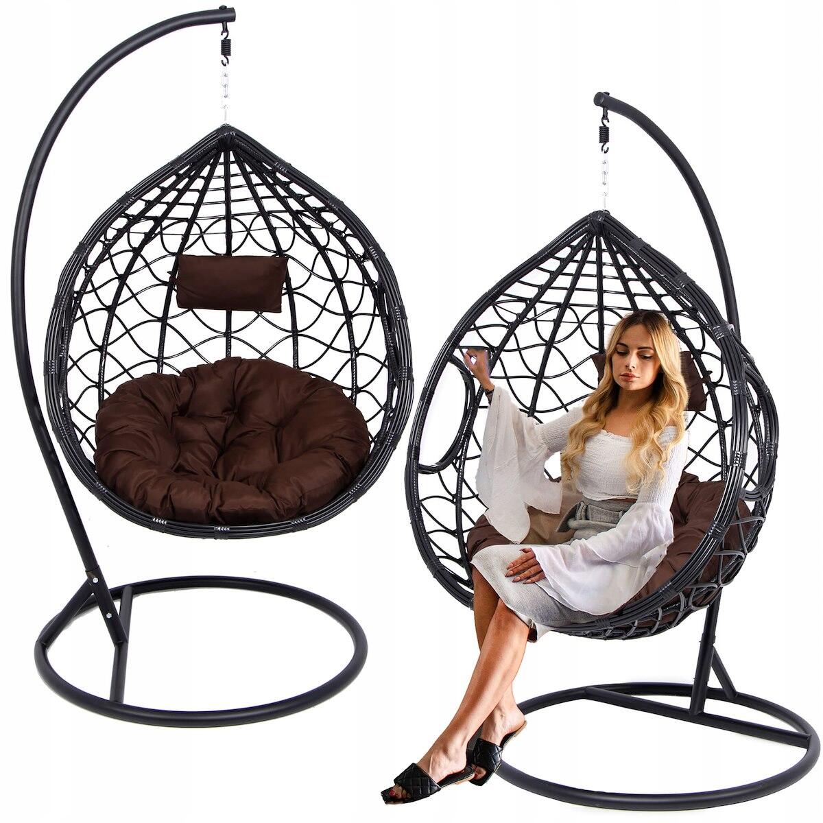 Scaun leagan suspendat, Springos, Irina, ratan sintetic, negru, perna ...