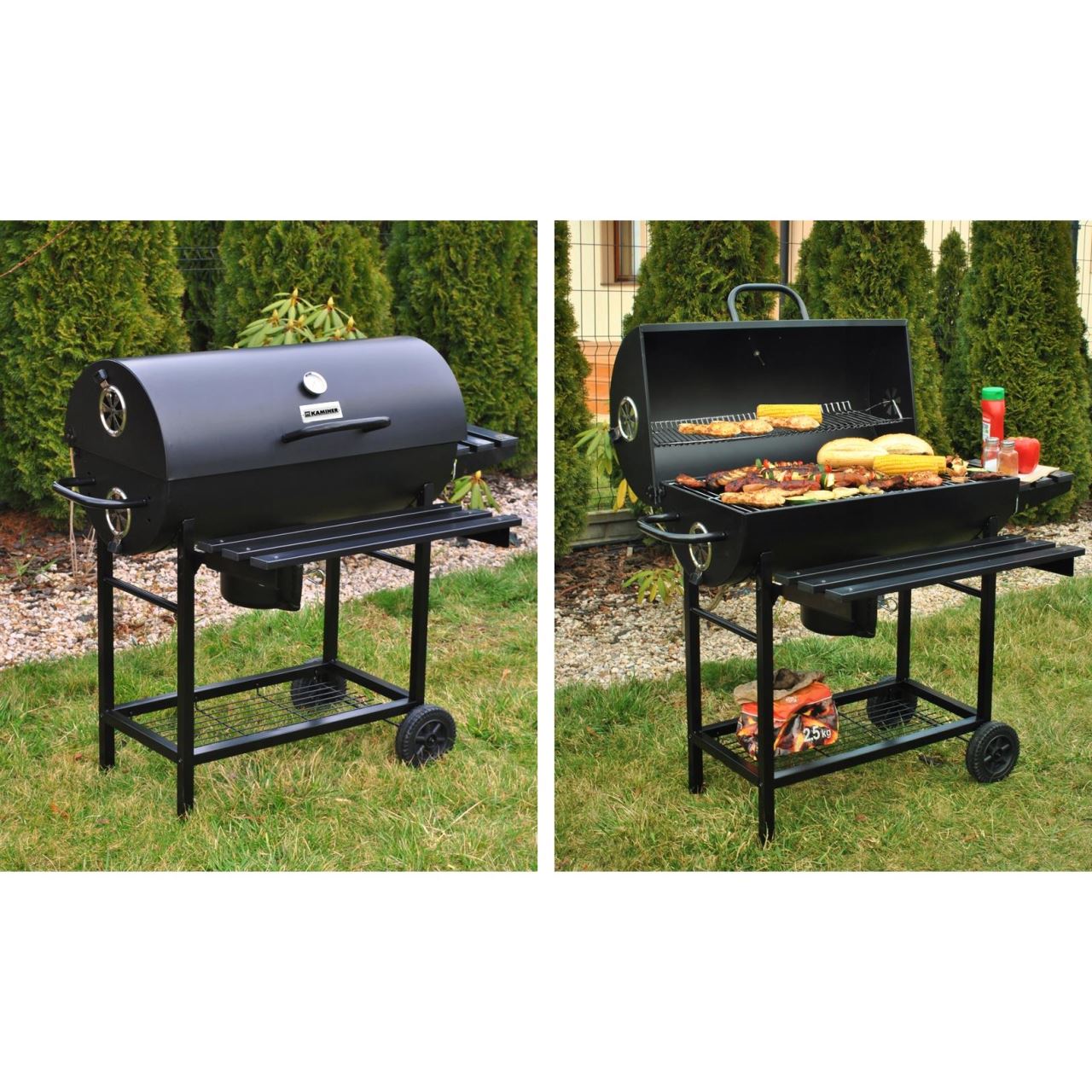 Gratar gradina, grill dreptunghiular, cu capac, roti, raft, suflanta ...