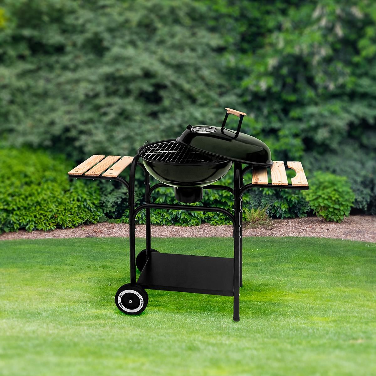 Gratar gradina, grill rotund, cu roti, capac, rafturi, 43 cm - Artool.ro
