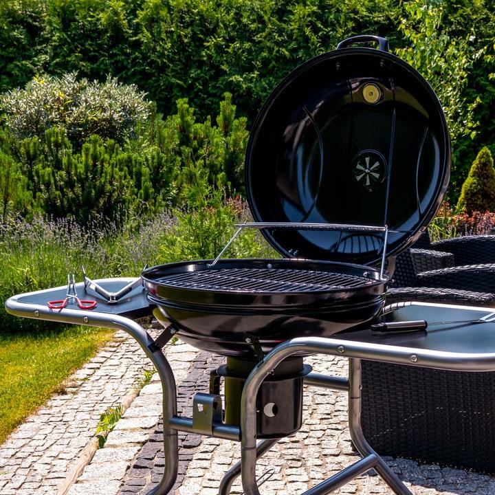 Gratar gradina, grill rotund, cu roti, capac, rafturi, 54 cm - Artool.ro