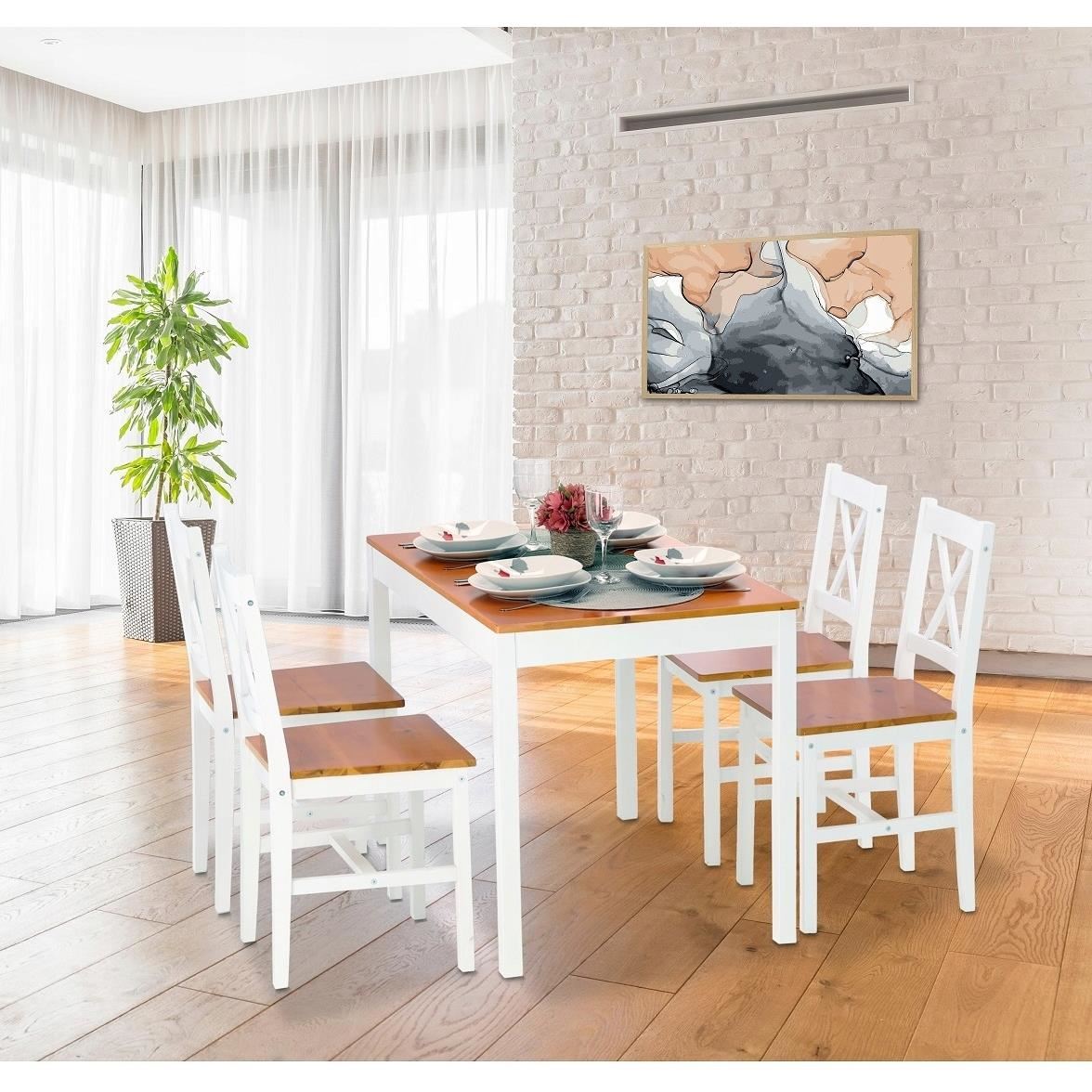 Set mobilier bucatarie/living, lemn, 1 masa, 4 scaune, alb si maro ...