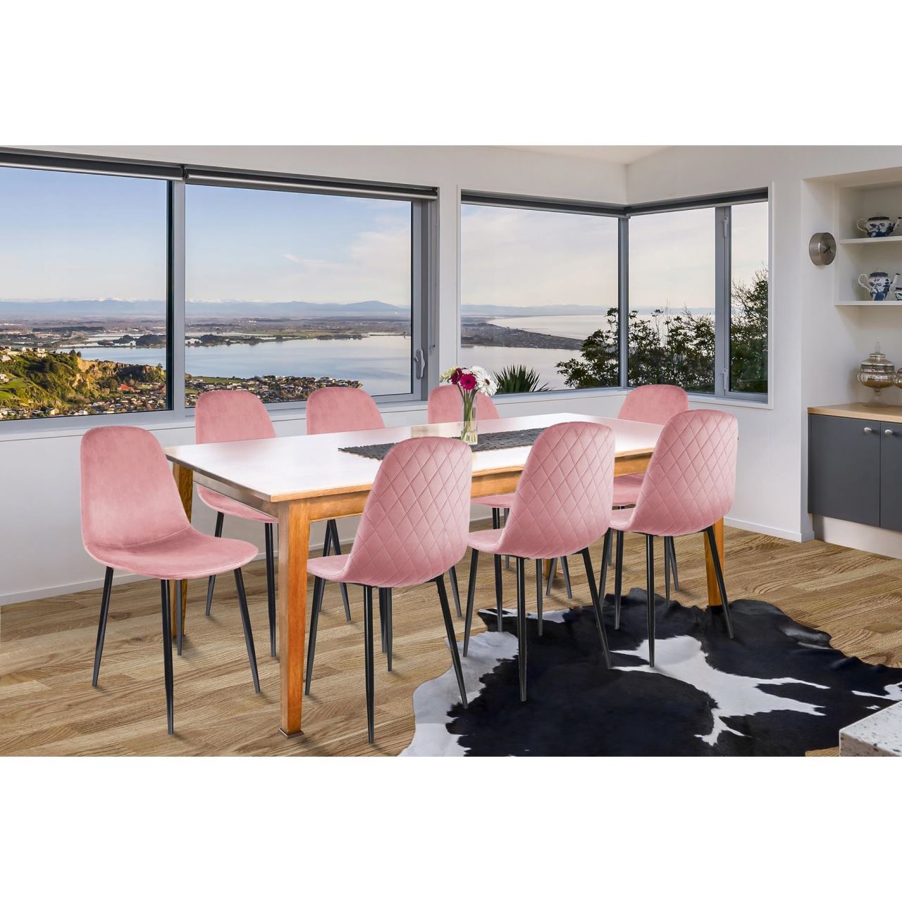 Scaun tip scandinav, catifea, model cusatura pe spate, roz si negru ...