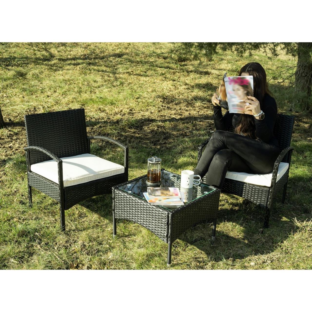 Set mobilier gradina/terasa/balcon, tehnoratan, negru cu perne albe, 1 ...