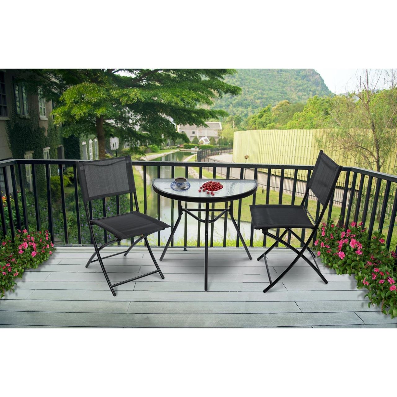 Set mobilier gradina/terasa/balcon, cadru metalic, negru, 1 masa sticla ...