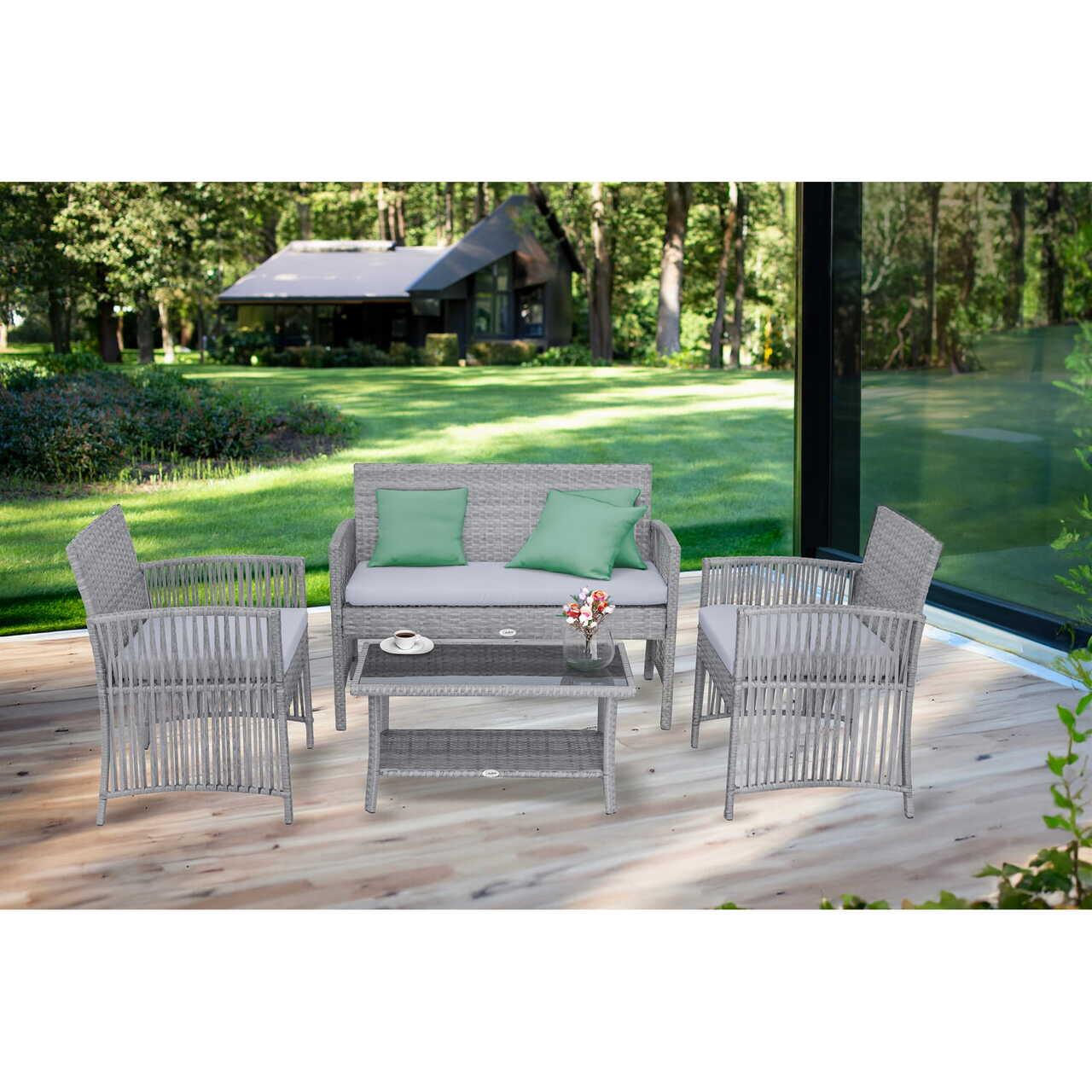 Set mobilier gradina/terasa, gri deschis, 1 masa, 2 scaune, 1 canapea ...