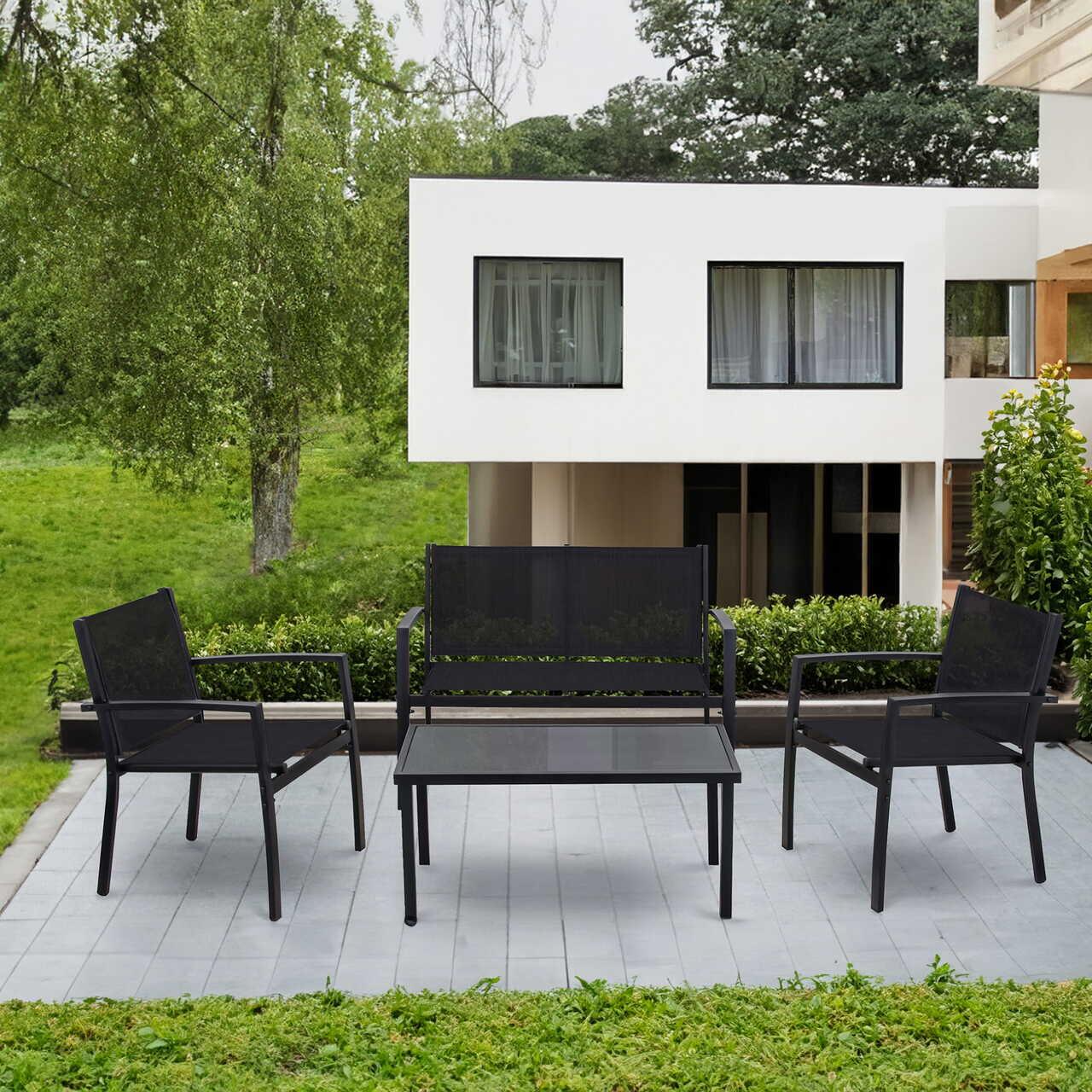 Set mobilier gradina/terasa, negru, 1 masa, 2 scaune, 1 canapea, Jumi ...