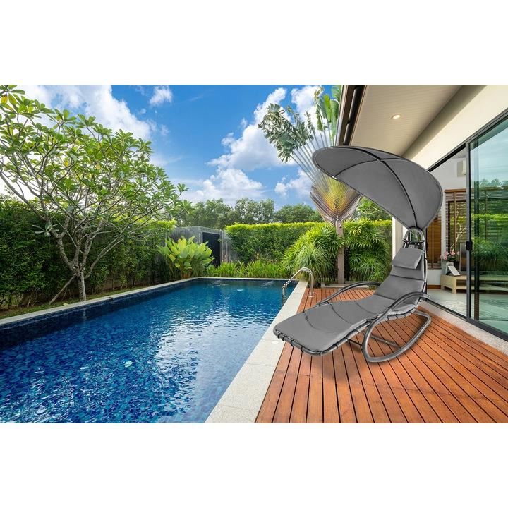 Sezlong pentru gradina, tip leagan, metalic, cu parasolar, gri ...