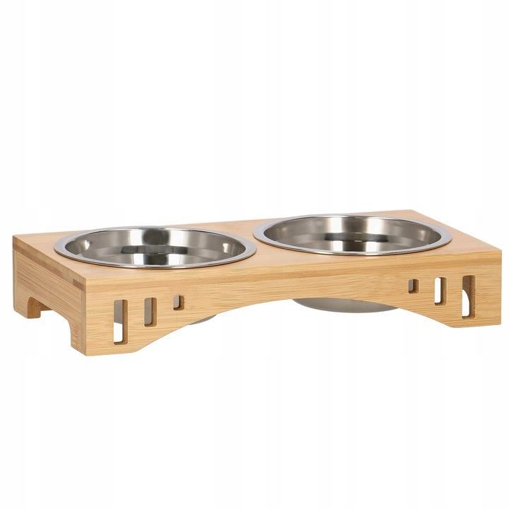 Castron, bol, pentru caine, pisica, dublu, cu suport, bambus, metal ...