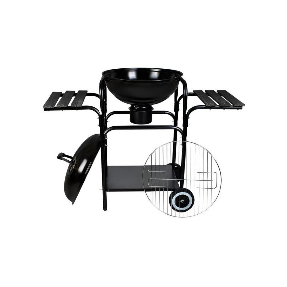 Gratar gradina, grill rotund, cu roti, capac, rafturi, 44 cm ...